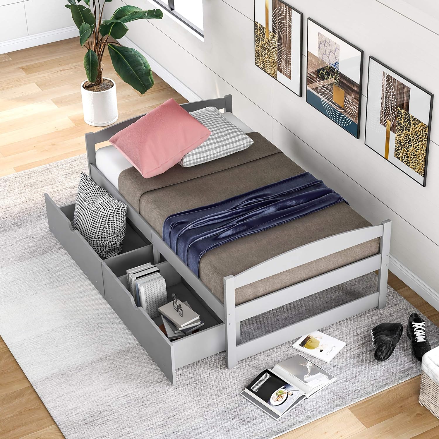 Twin Size Platform Bed with Two Drawers,Solid Pinewood Bedframe,Twin ...