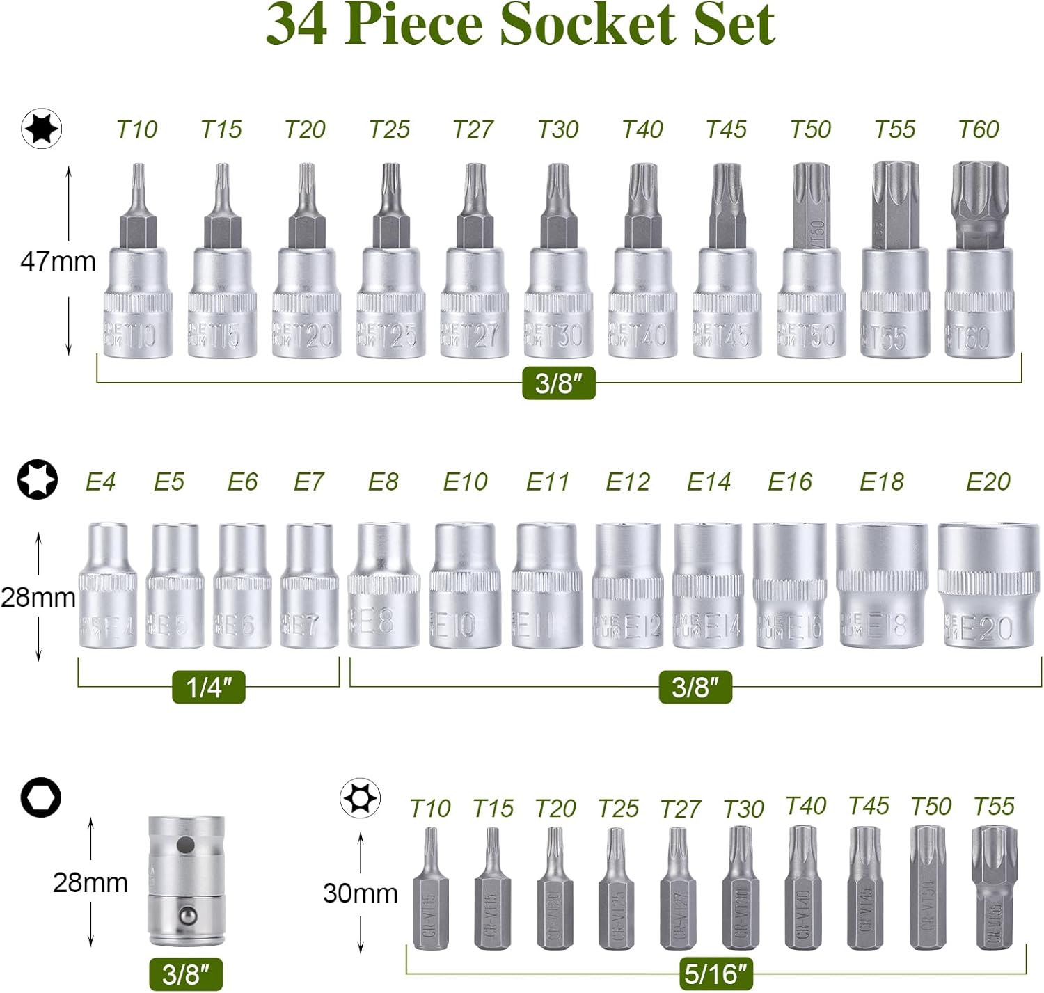 Juego de 34 puntas Torx, punta de estrella Torx T10-T55, punta de estrella Torx, juego de puntas ...