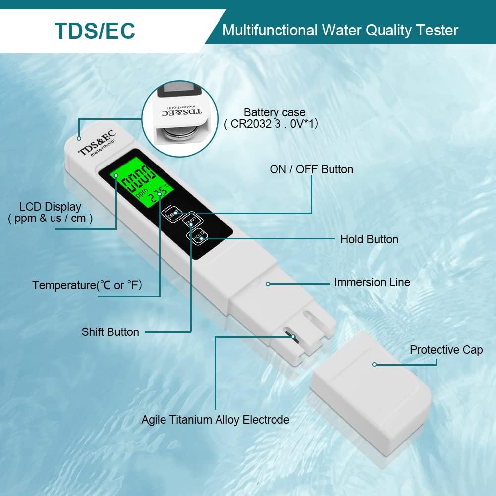 TDS&EC Water Quality Tester, 3 in 1 LCD Display TDS EC Meter Digital ...