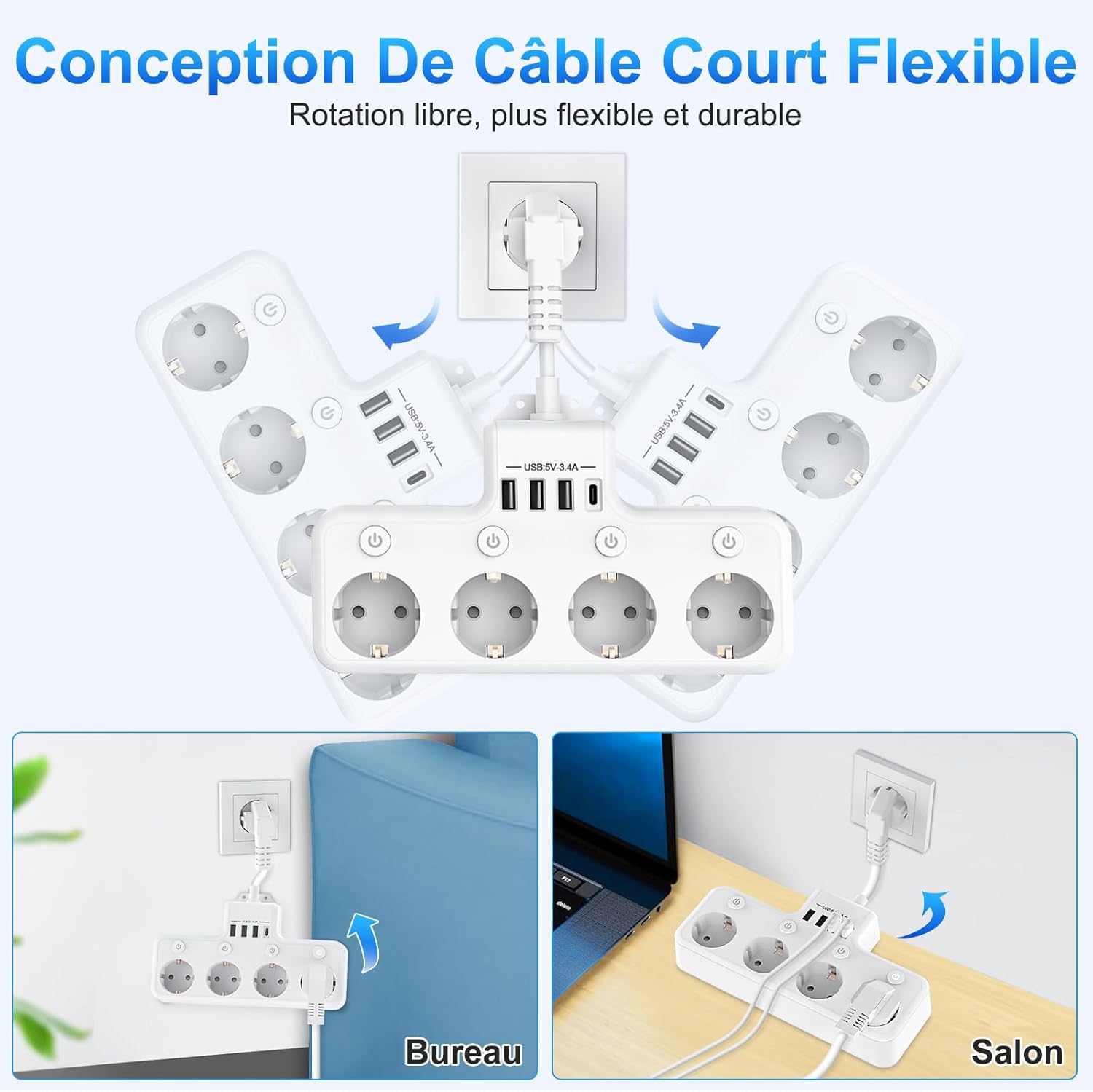 in 1 USB Power Strip 4 Outlets with 4 USB Ports Travel Charger (5V/3A ...