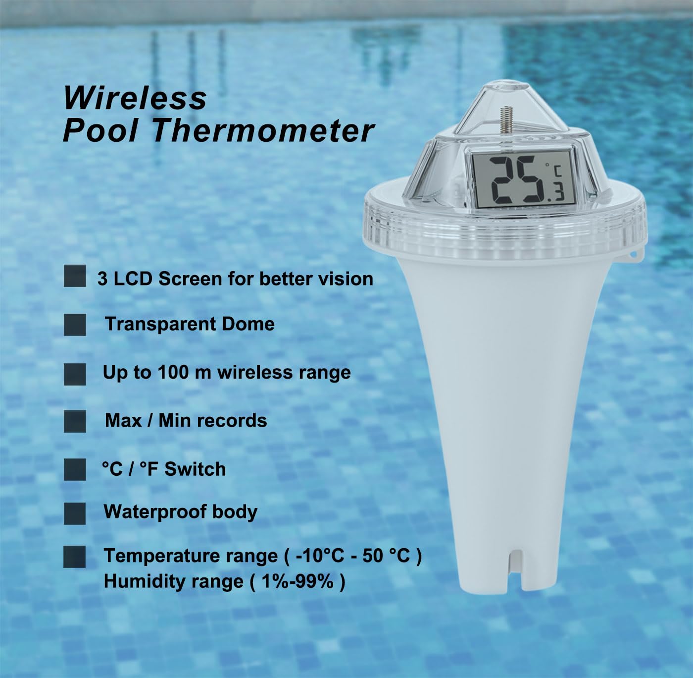 Wireless Floating Pool Thermometer with Triple LCD Displays Outdoor ...
