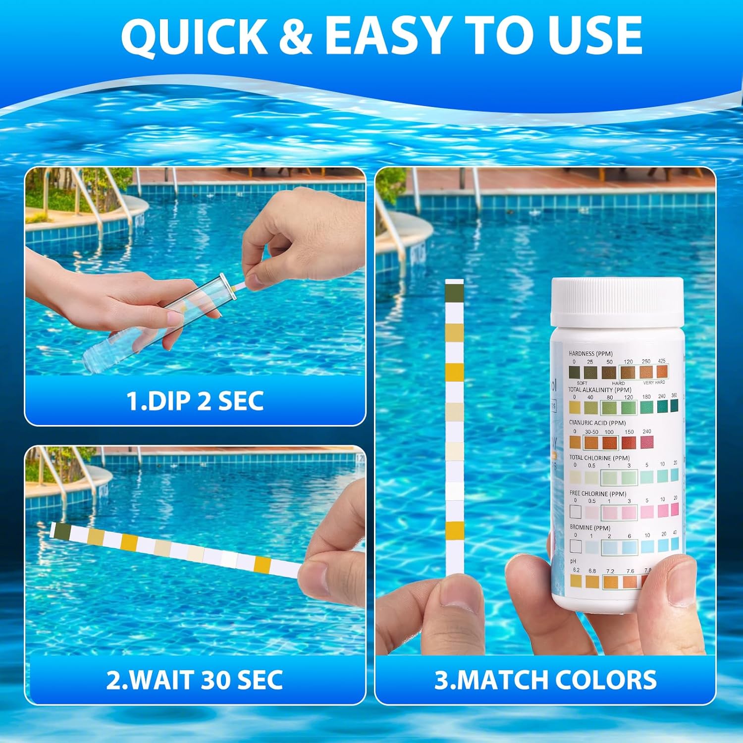 Tester per acqua per piscine e spa 7 in 1, 100 strisce reattive per ...