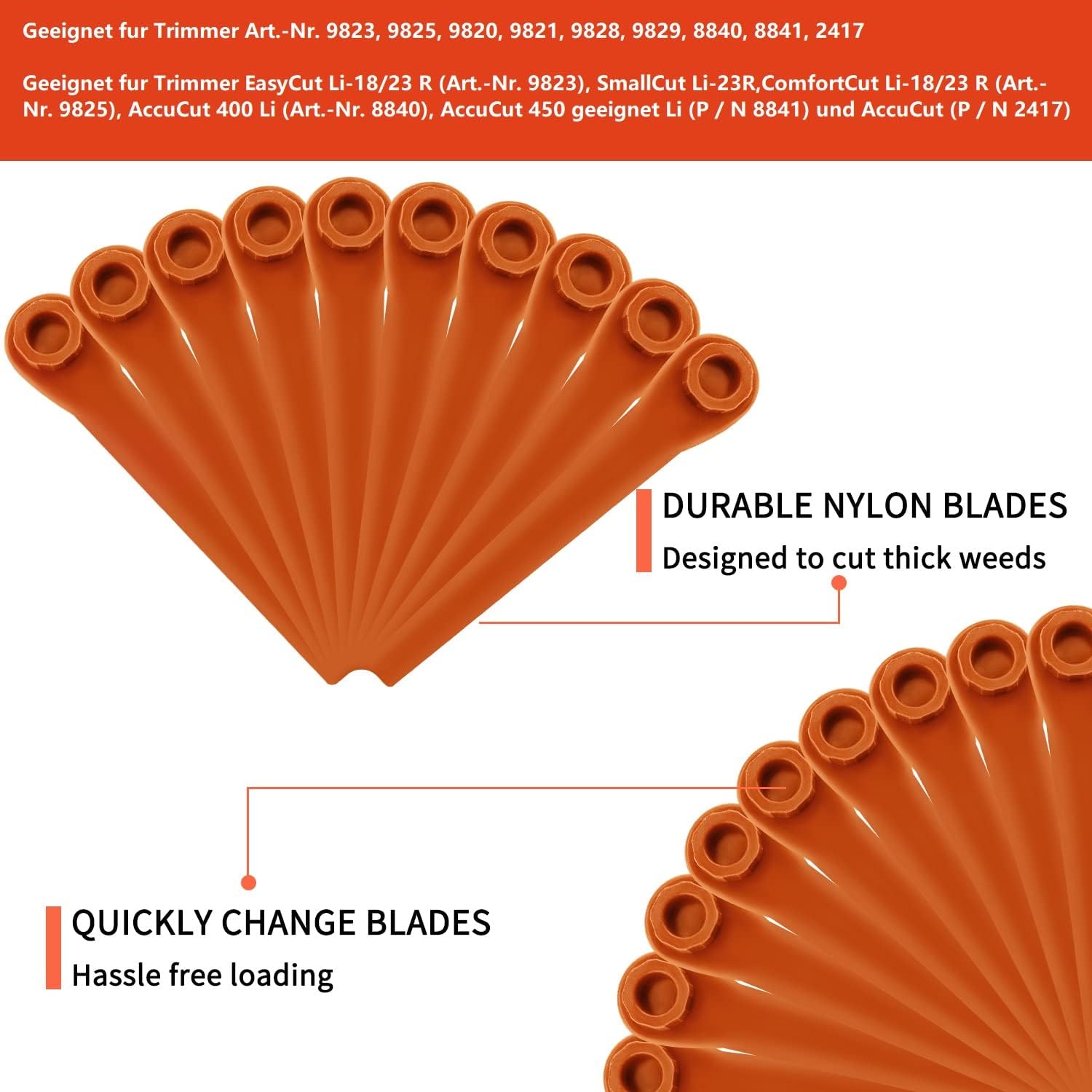 Set of 100 plastic brush cutter blades for Gardena string trimmers