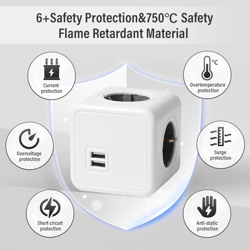 Multiprise Cube USB 6 en 1, Multiprise Cubique sans Fil, Multiprise Murale avec 2 USB,3680W ...