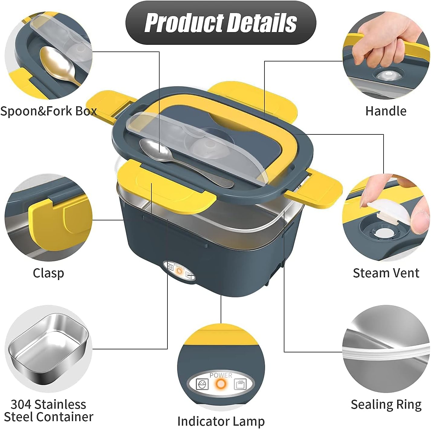 Electric Heated Lunch Box 1.5L Heated Food Container 3 in 1 Stainless ...