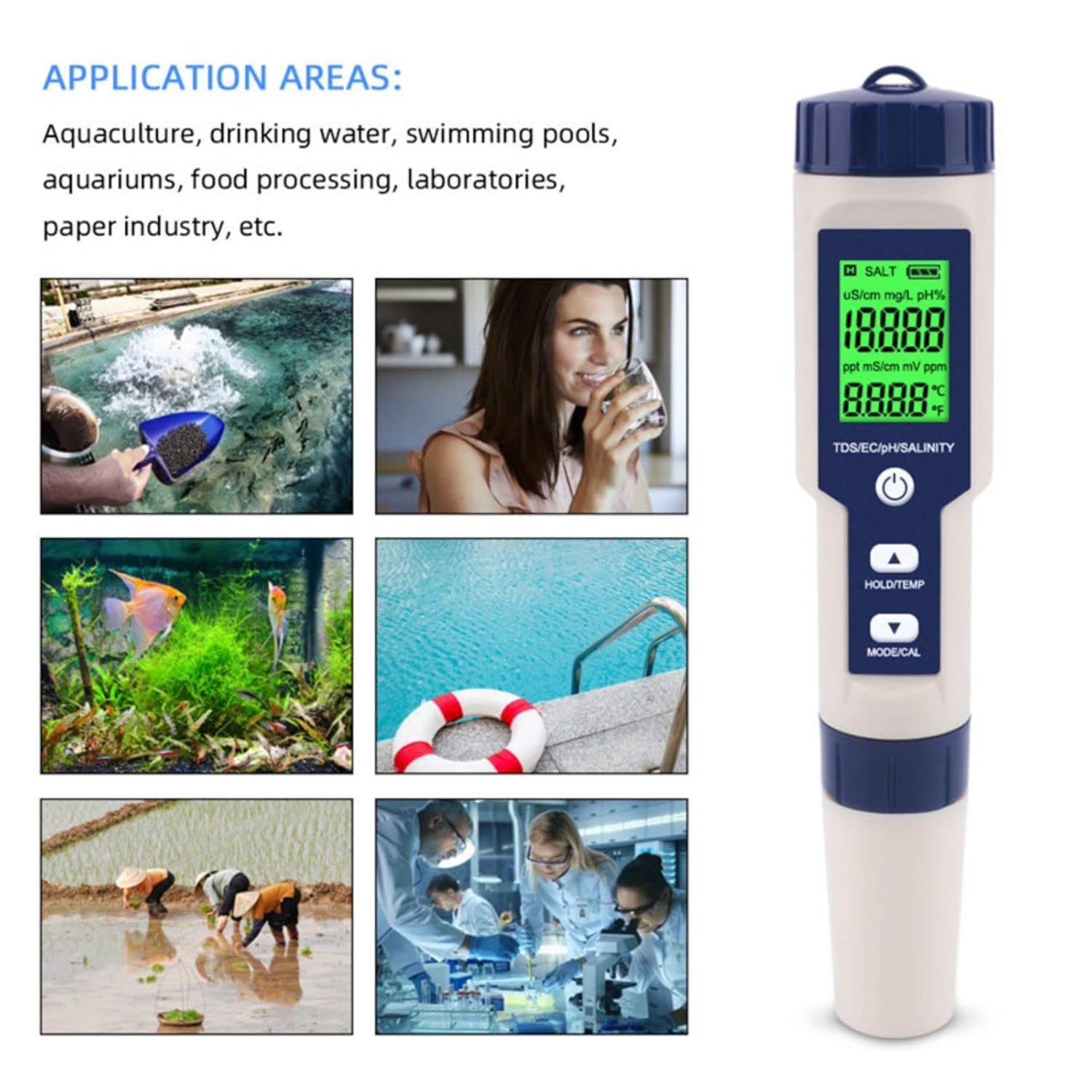 Pool pH Probe, Salinometer for Pool Water, 5 in 1 TDS/EC/Salt Meter ...