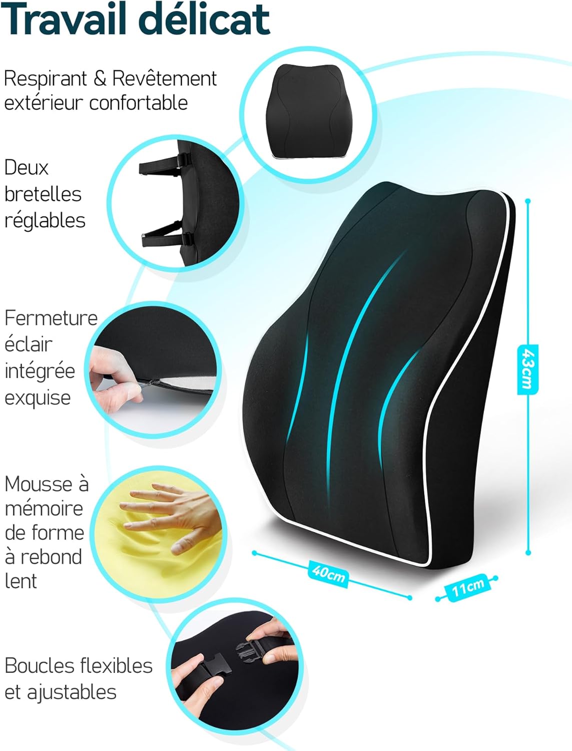 Coussin lombaire ergonomique, support dorsal en mousse à mémoire de ...
