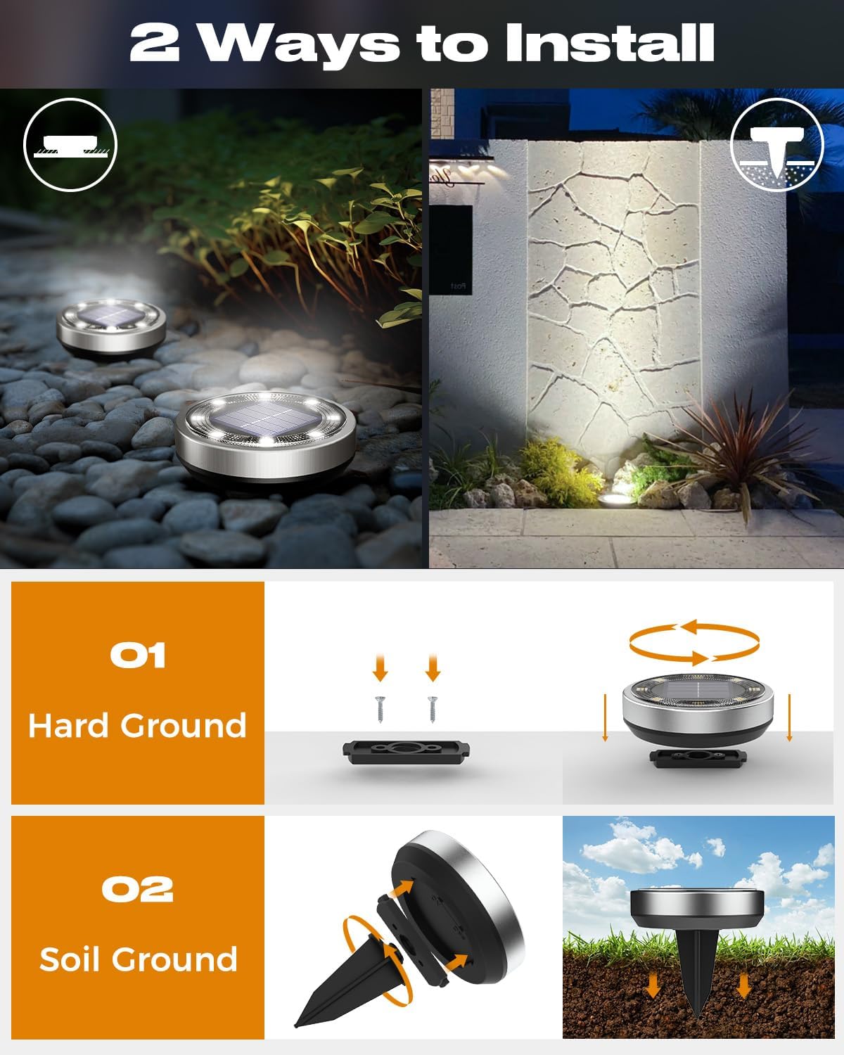 Pack Solar Ground Lights, 8 LED Outdoor Waterproof Solar Powered Lights for Pathways, Lawns ...