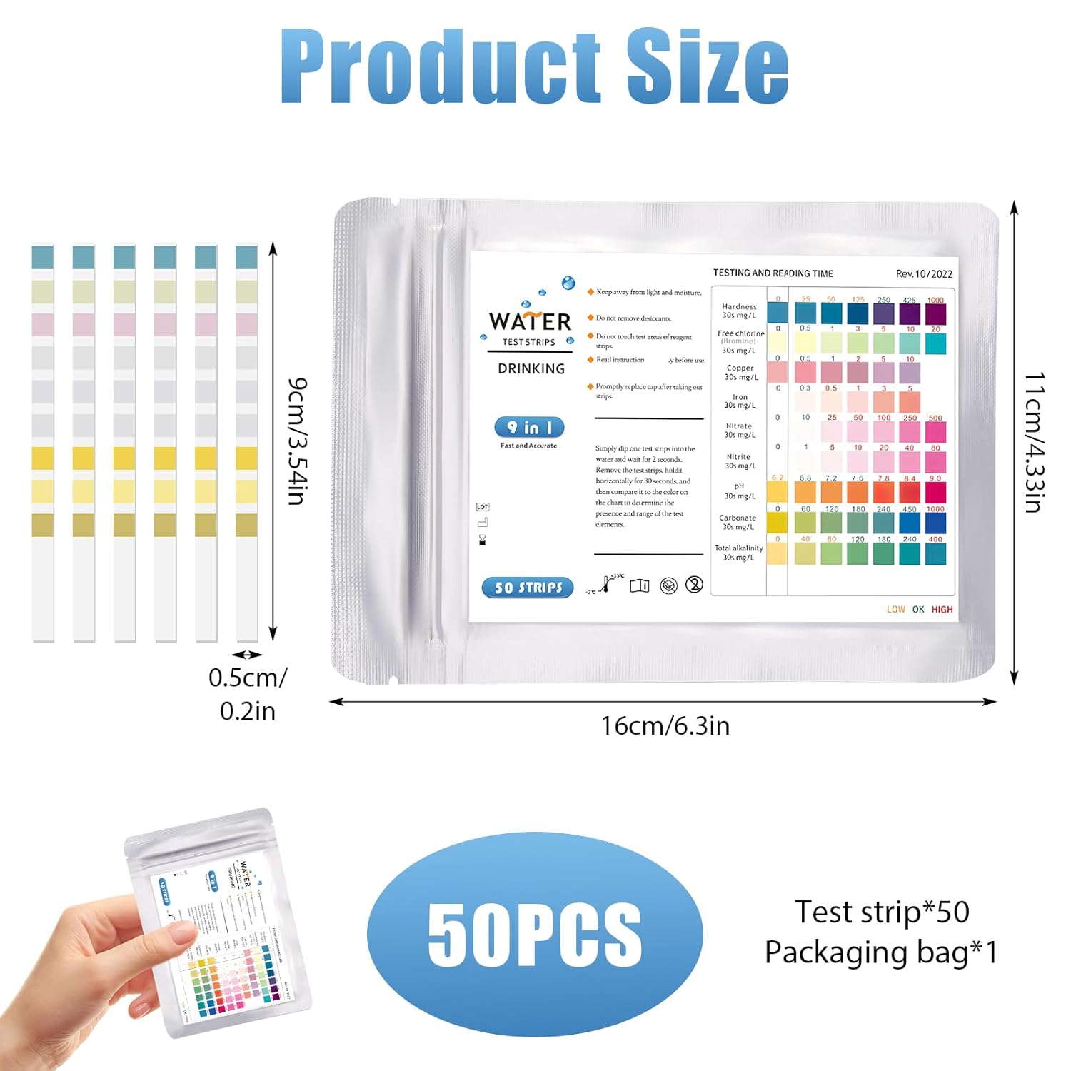 50Pcs 9 in 1 Drinking Water Test Strips, pH Test Strips for Pool and ...