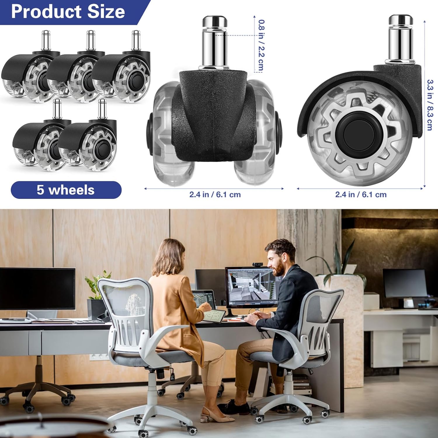 Pack of 5 Office Chair Casters, 11 x 22 mm Office Chair Caster Wheels ...