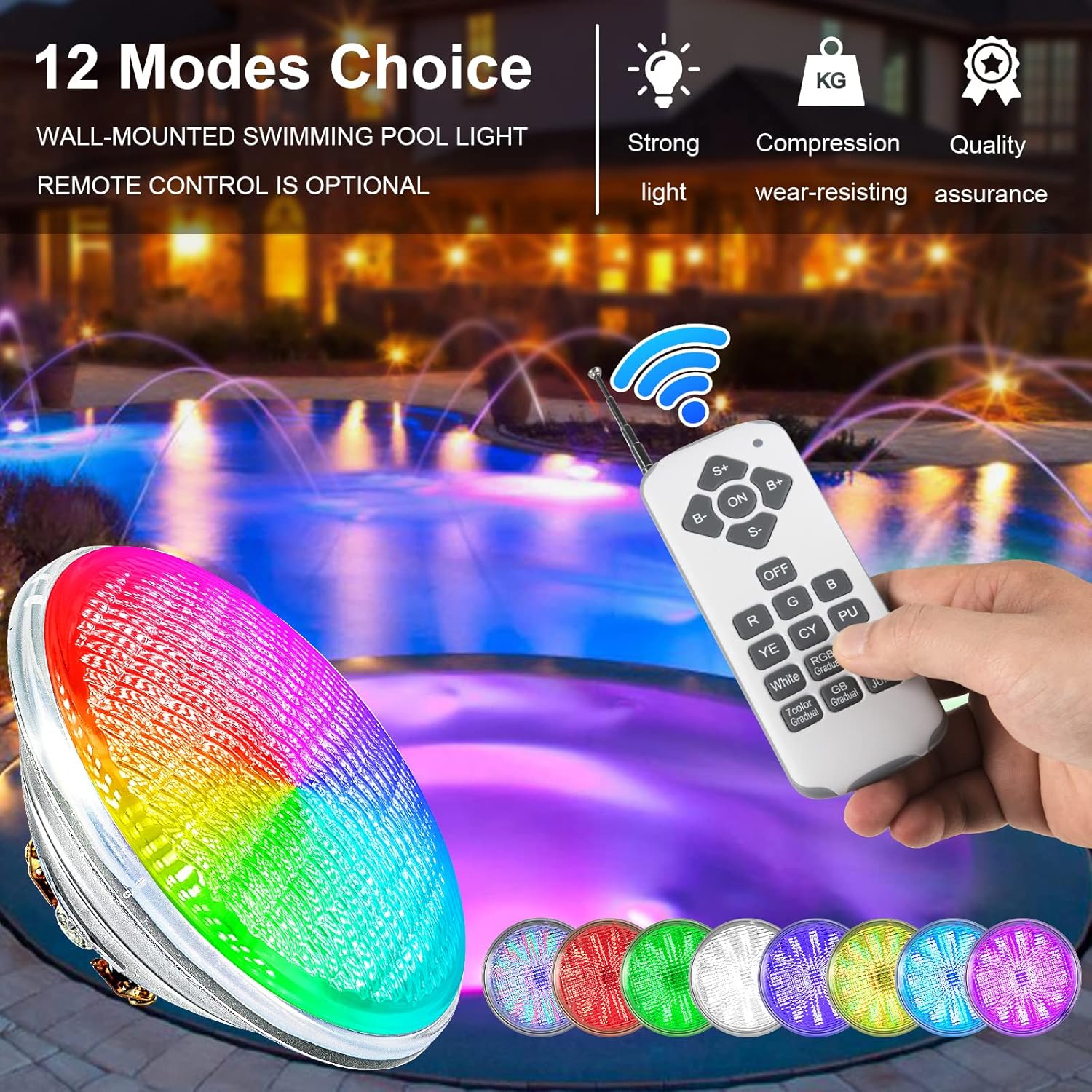 36W RGB LED Pool Light, PAR56 Waterproof IP68, Lighting with Remote Control, Submersible Pool ...
