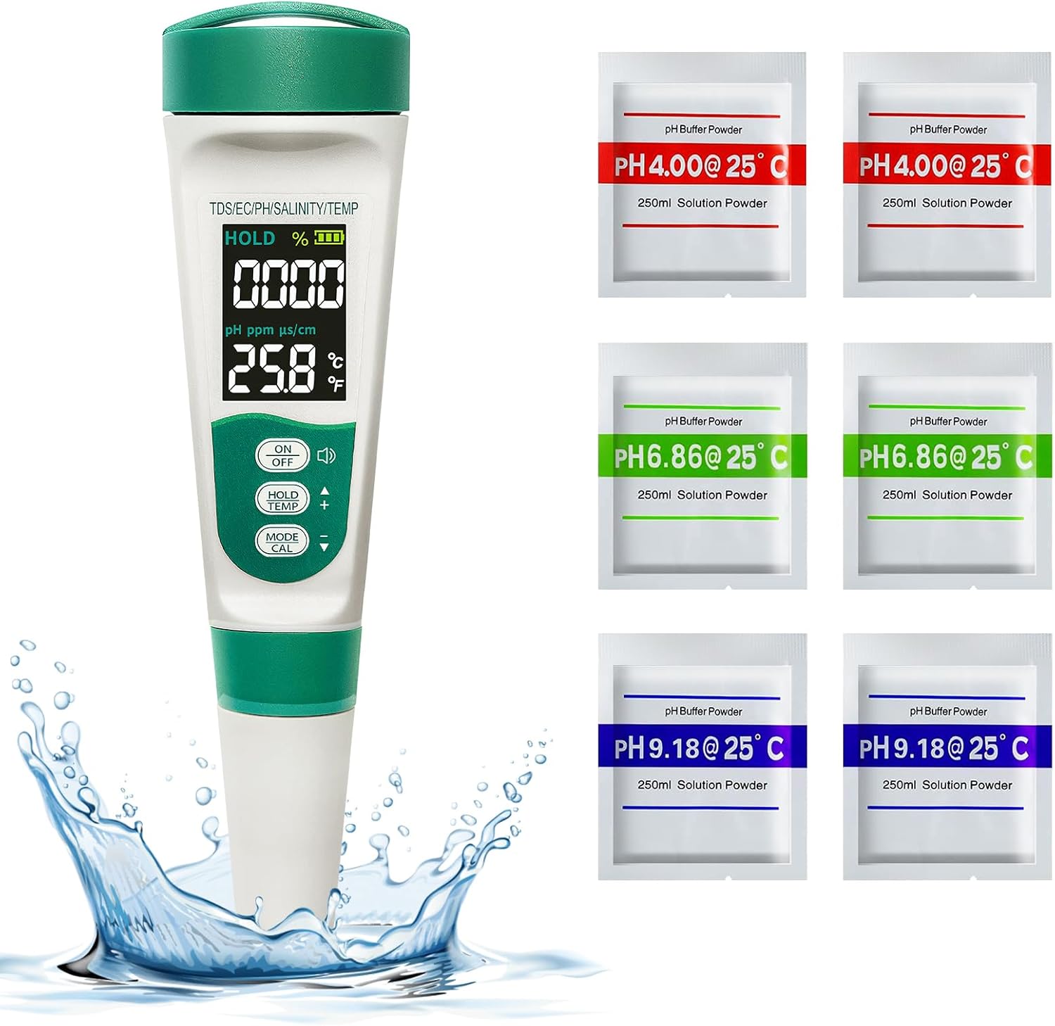 Medidor de pH electrónico, kit de prueba de piscina 5 en 1, medidor de pH/TDS/EC/salinidad ...