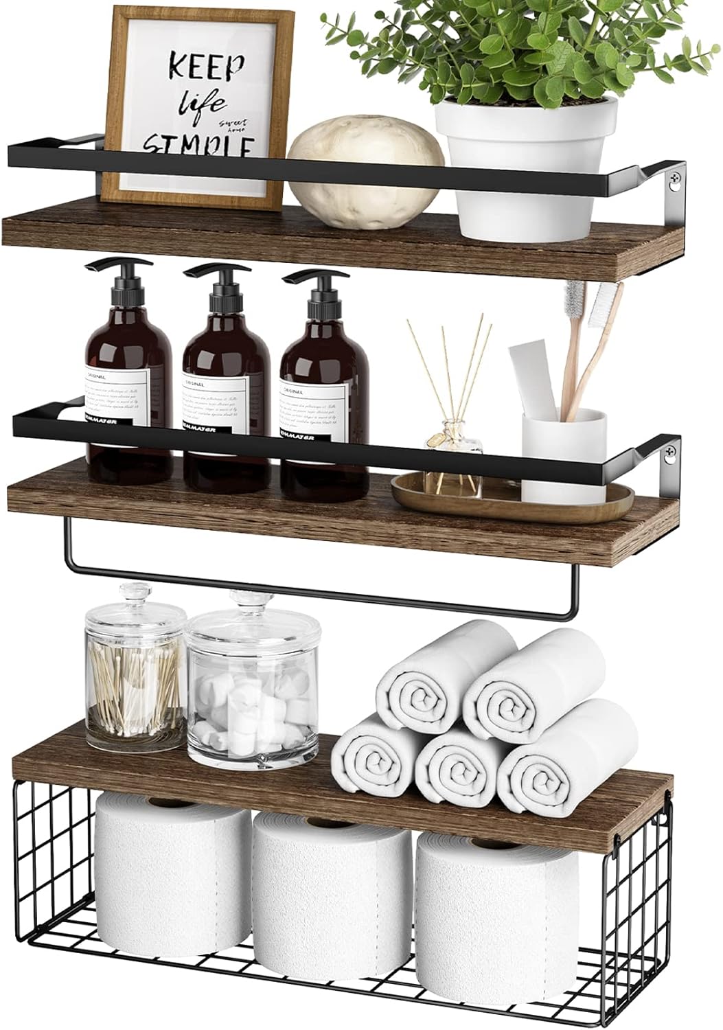 Set of 3 Floating Shelves with Storage Basket, Rustic Wood Wall Shelves ...