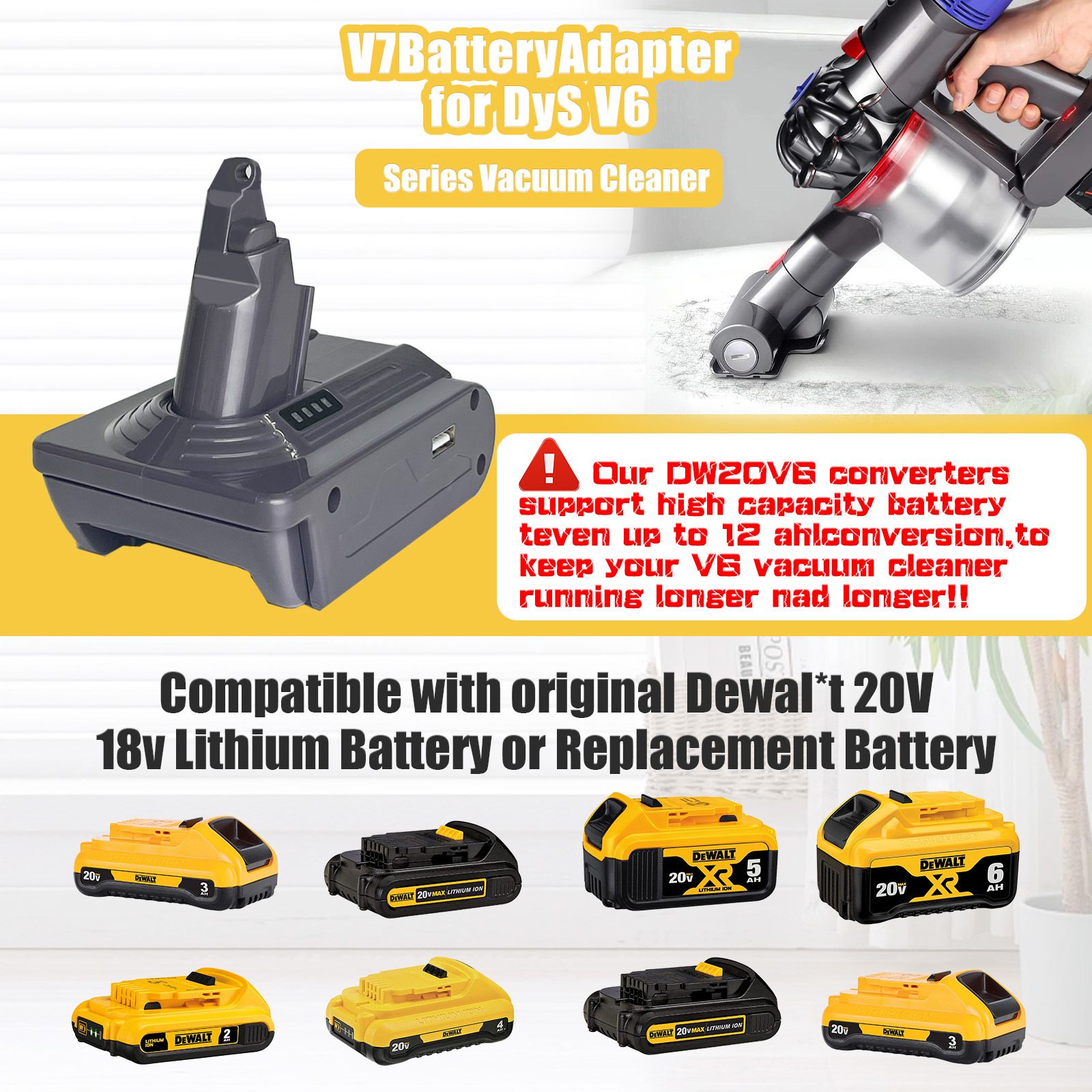 Adapter for Dyson V6 series vacuum cleaners, Compatible with Dewalt 20V ...
