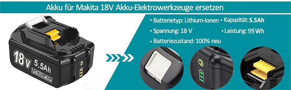 5500mAh 18V BL1860B Ersatzakku Li-ion Akku für Makita Kompatibel mit Makita 18Volt Akku mit LED ...