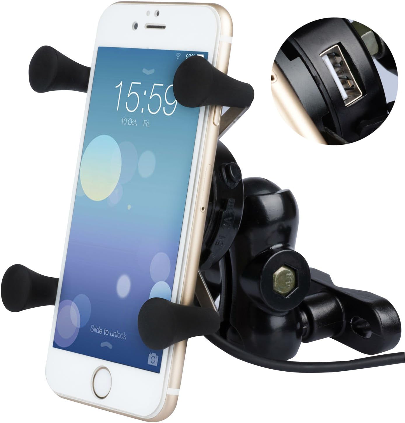Motorcycle Cell Phone Holder Universal 360 Rotatable Aluminum X Grip Motorcycle Phone Holder with 5V 2.1A USB Charger for All 3.5 inch to 6 inch Mobile Phones GPS