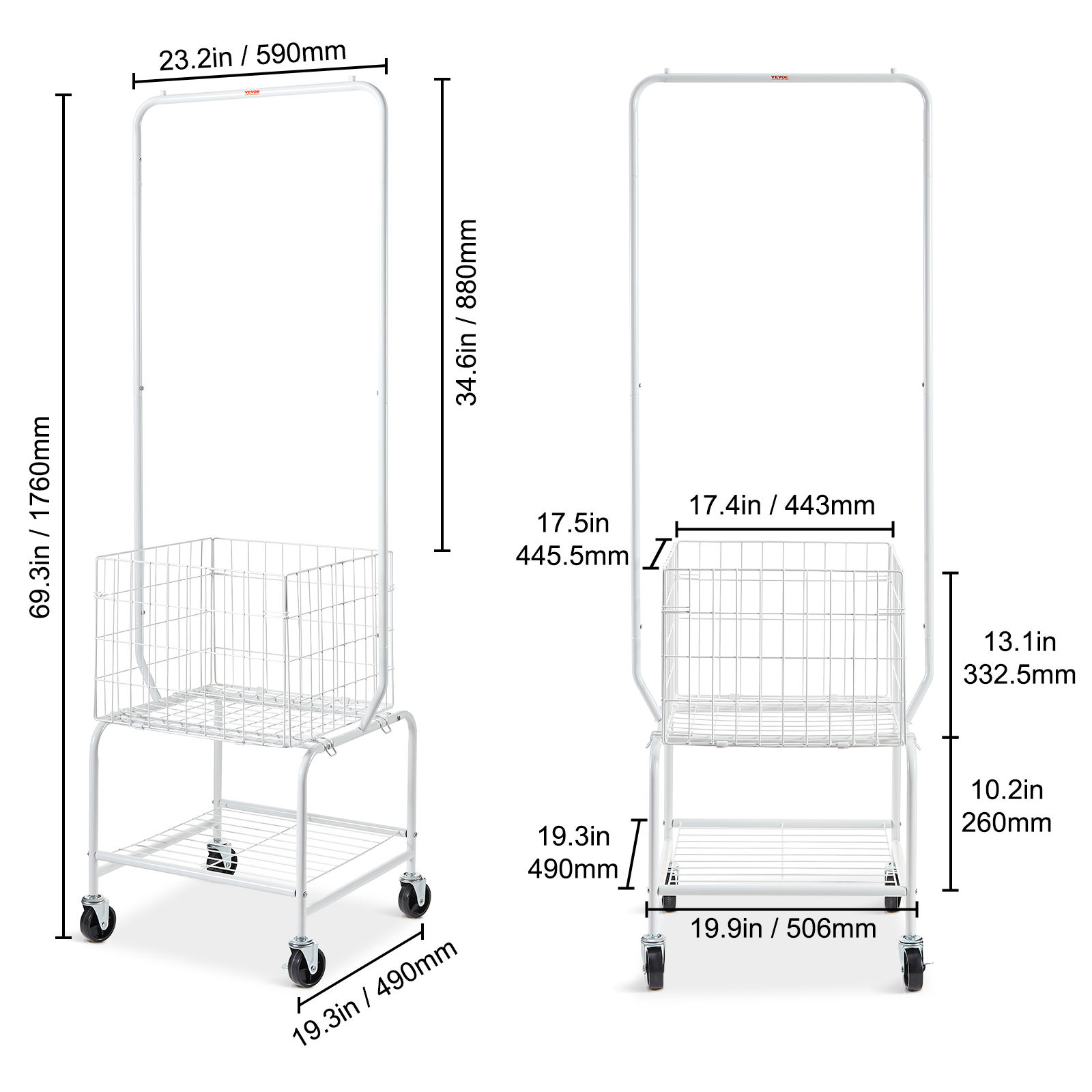 VEVOR Metal Rolling Laundry Basket with Hanging Garment Rack, Height ...