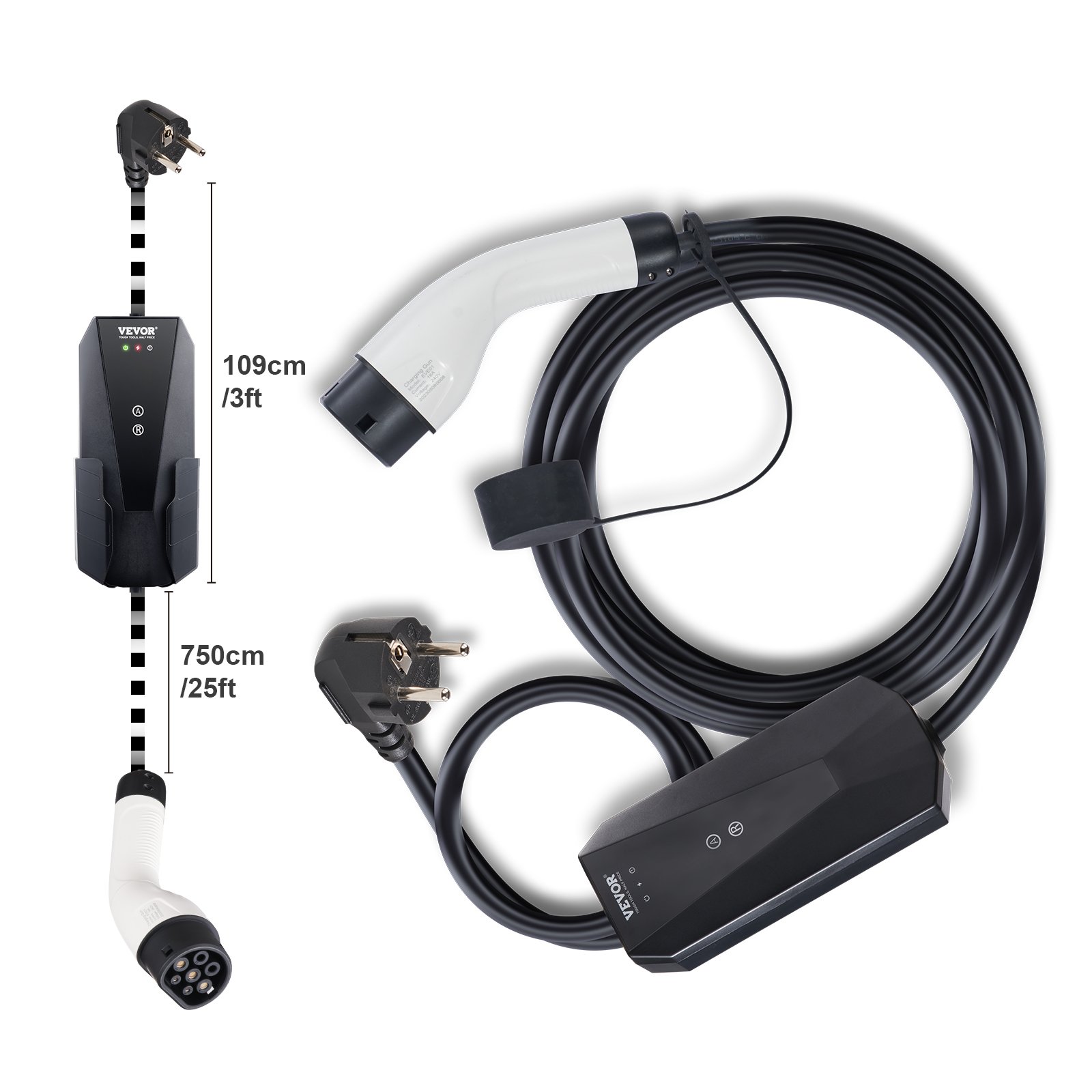 VEVOR Chargeur EV Portable Type 2 Chargeur Voiture Electrique 16 A 3,7 kW avec Cable de Charge 8 ...