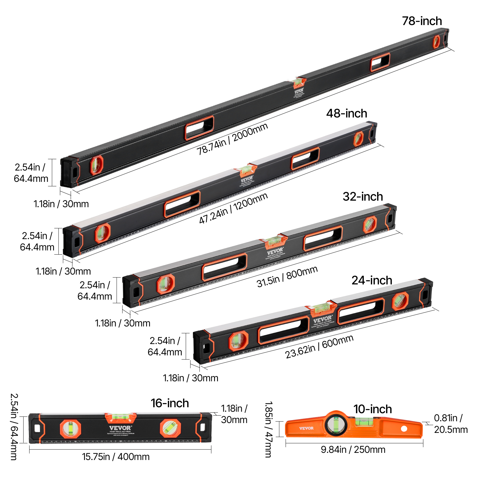 VEVOR Niveau a Torpille Magnetique 6PCS, 78/48/32/24/16/10 po, Flacons ...