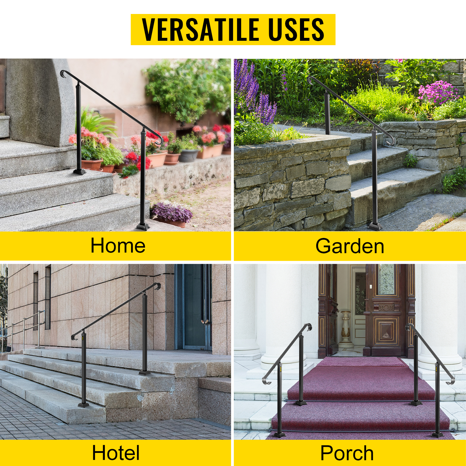 VEVOR Wrought Iron Handrail, Fit 2 or 3 Steps Outdoor Stair Railing ...