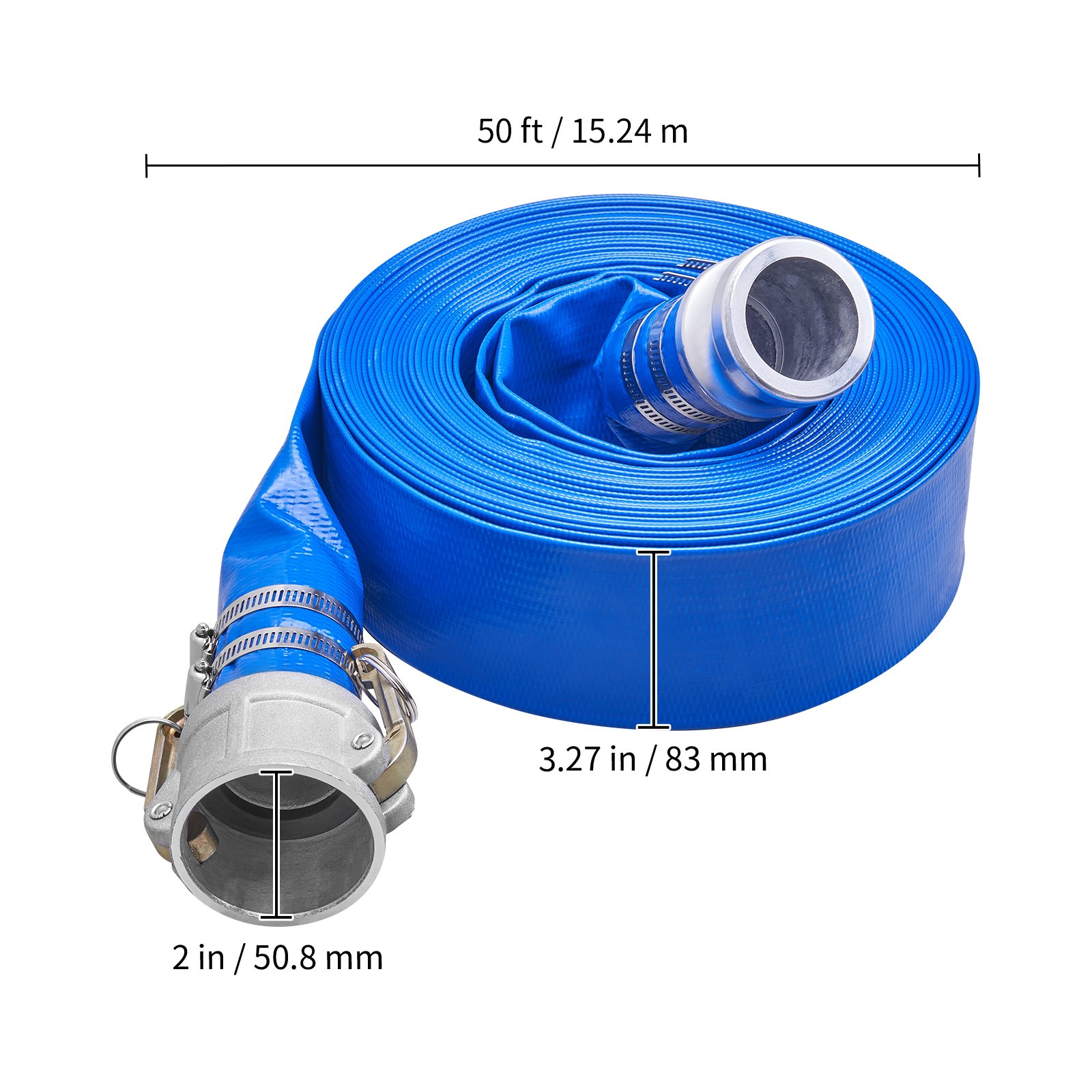 VEVOR Backwash Hose, 2 in x 50 ft, Heavy-Duty PVC Flat Pool Discharge Hose with Aluminum Camlock ...