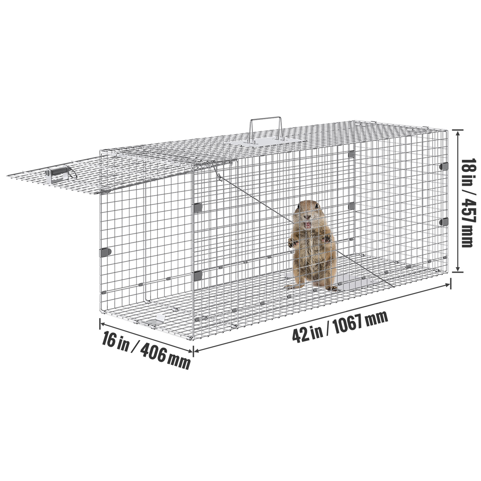 VEVOR Live Animal Cage Trap, 42" x 16" x 18" Humane Cat Trap Galvanized ...