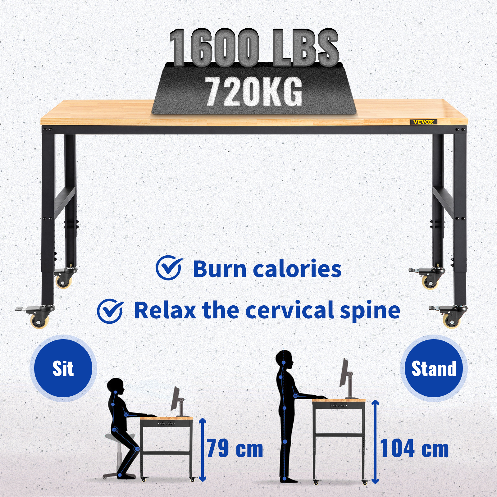 VEVOR Etabli Garage Atelier 122x61x104 cm Table de Travail Hauteur Reglable 79-104 cm, Etabli ...