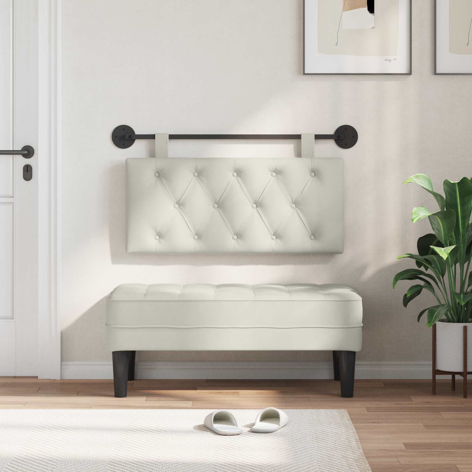 Hanging Headboard with LED Light Cream Velvet vidaXL