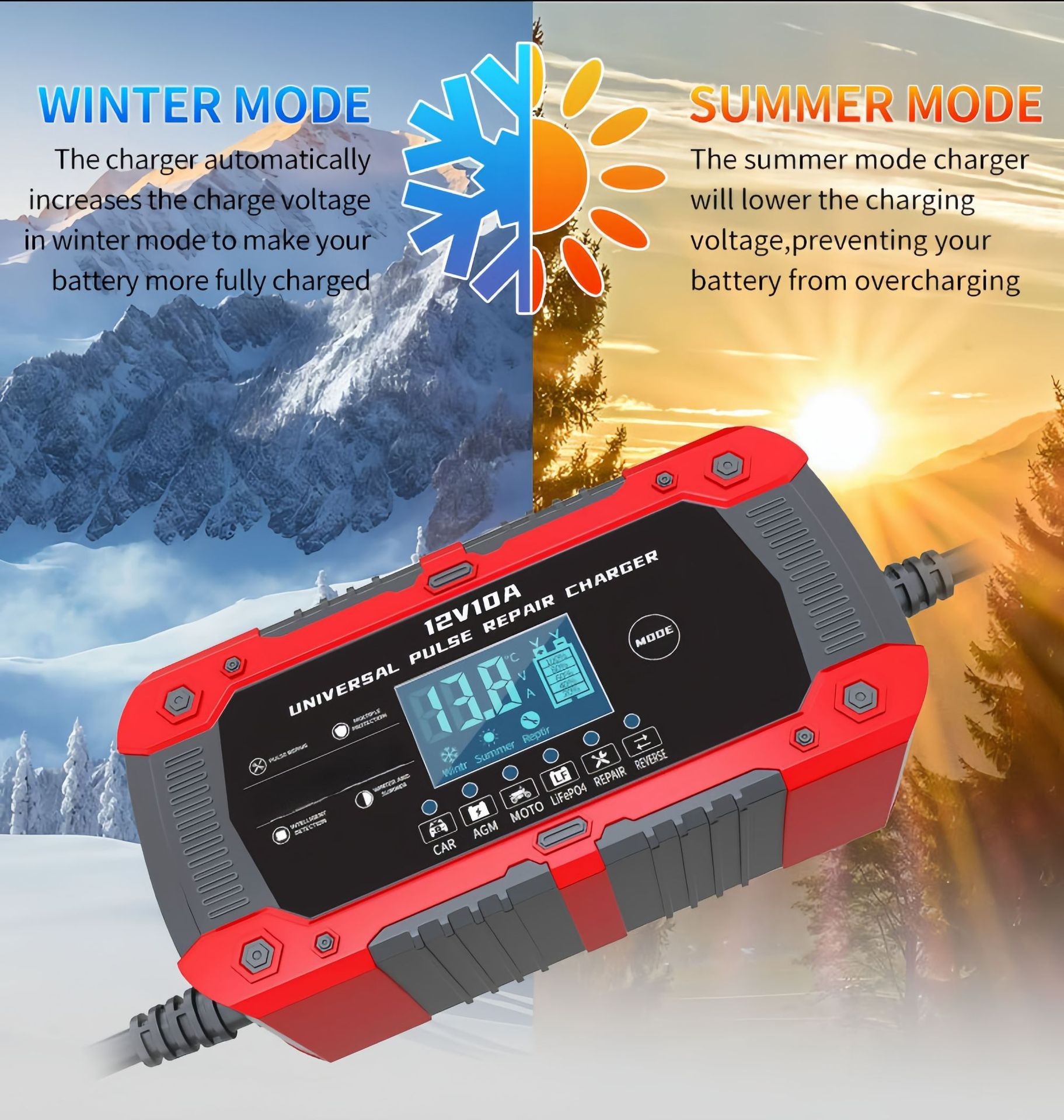 Chargeur de Batterie Voiture, Chargeur Batterie 12v 10A Intelligent ...