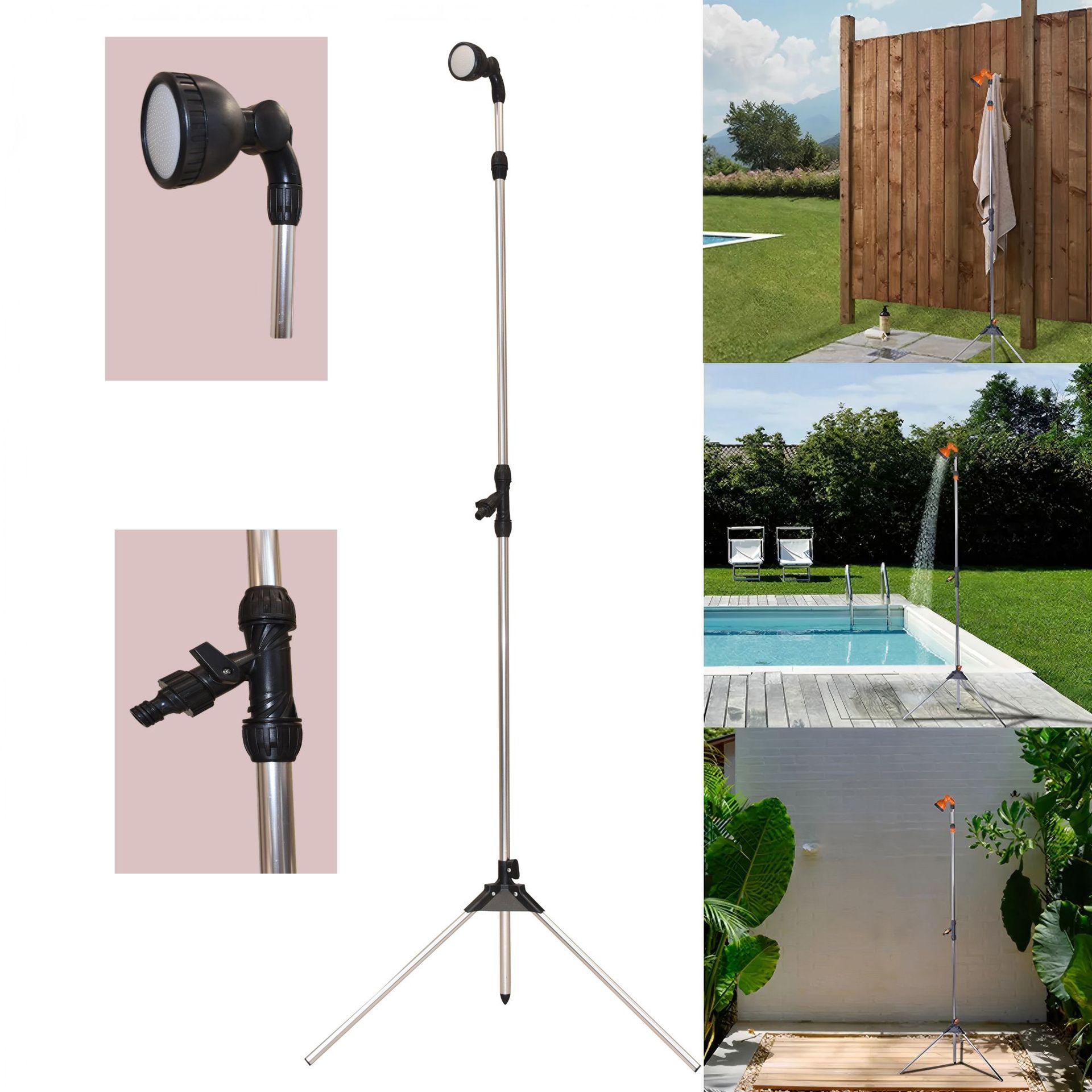 Garden Shower With Tripod and Adjustable Height 1.65 to 2.10 m Spray ...