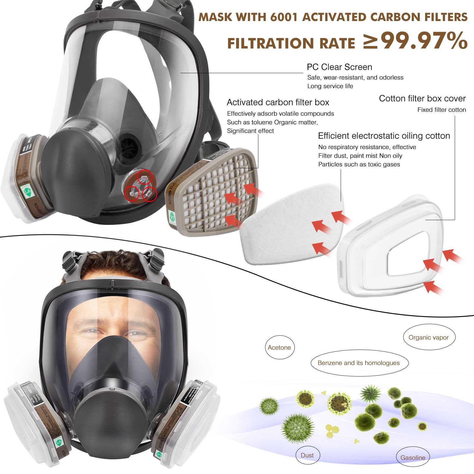 15 in 1 6800 Masque Peinture avec Filtre,Respirateur Visage à Vapeur Organique,Protection ...