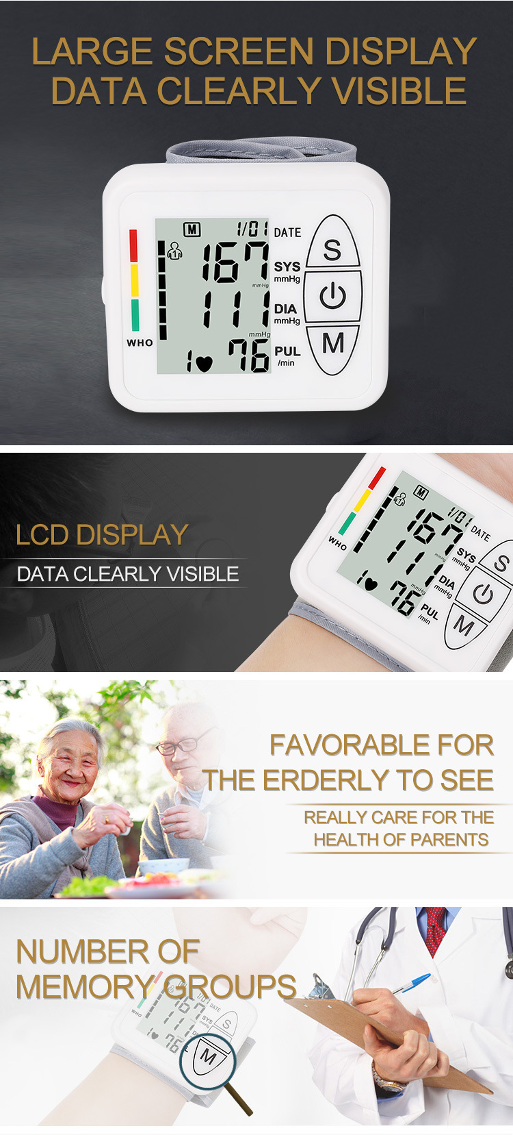 Wrist Blood Pressure Monitor - Arrhythmia Detection, Large Backlit LCD ...