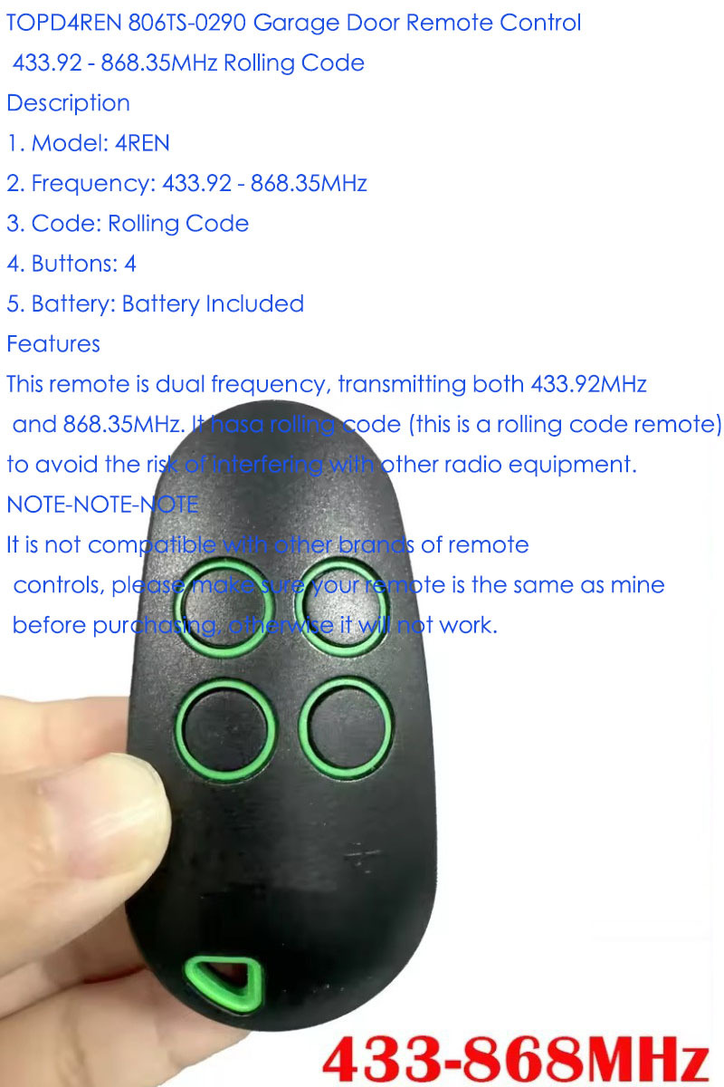 Compatible avec la télécommande de porte de garage TOPD4REN 806TS-02904 ...