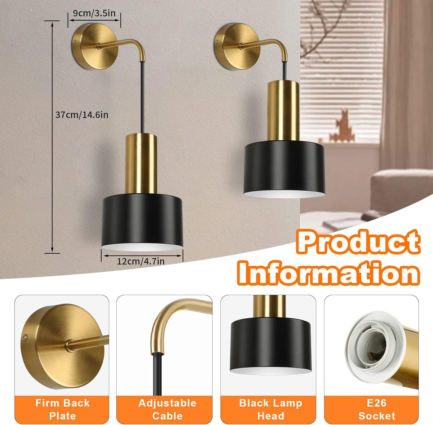 Lot de 1 appliques murales à piles, lampes murales rechargeables sans fil dorées et noires avec ...