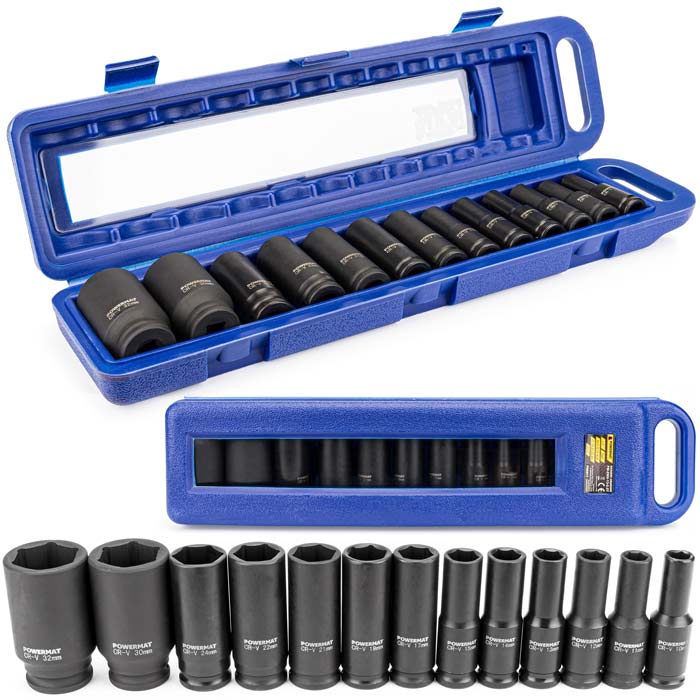 Coffret jeu de douilles pour clé à choc 12,5 mm 1/2'' de 10 à 32 mm