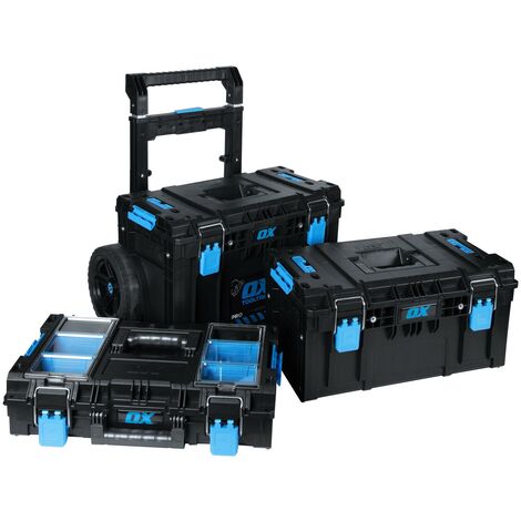 Ox Tooltrek 3 Piece Modular Deep Tool Box + Trolley Wheels + Shallow ...