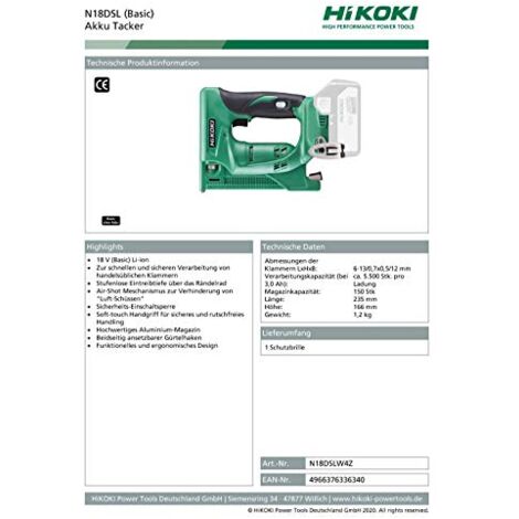 HiKOKI N18DSLW4Z 18V Cordless Stapler 23G Battery Staple Gun 6mm 13mm ...