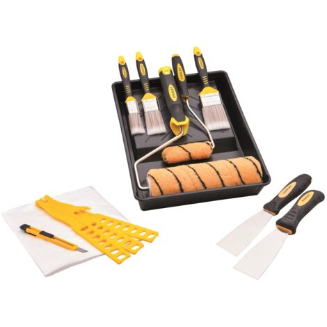 STANLEY 16 Piece Decorating Set Paint Tray Rollers Brushes Dust Sheets ...
