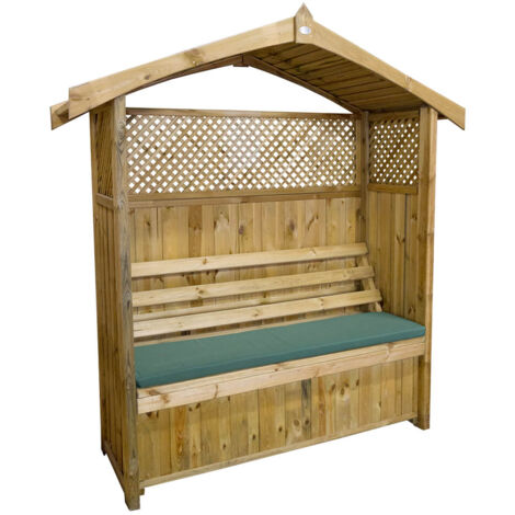 Zest Hampshire Arbour Wooden Garden Seat & Storage Box & Green Seat Pad ...