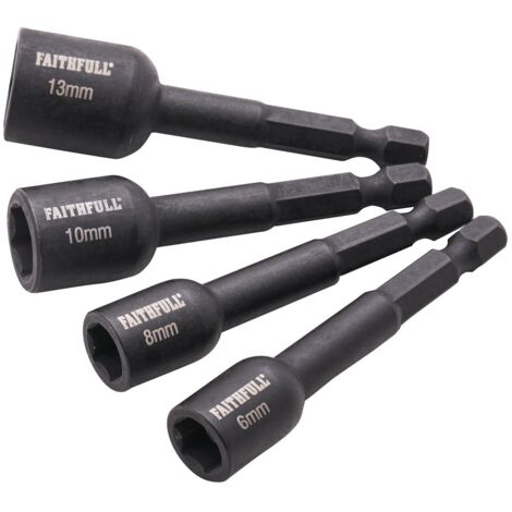 Faithfull Magnetic Impact Nut Driver Bit Set 6mm 8mm 10mm 16mm x 1/4in Hex