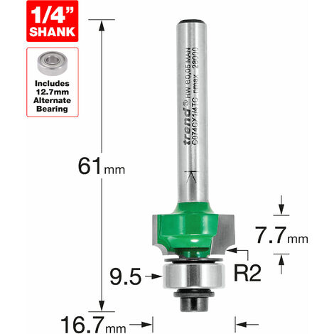 Trend C074CX1/4TC Guided Rounding Over 1/4"" 2mm X 9.5mm Router Bit Cutter