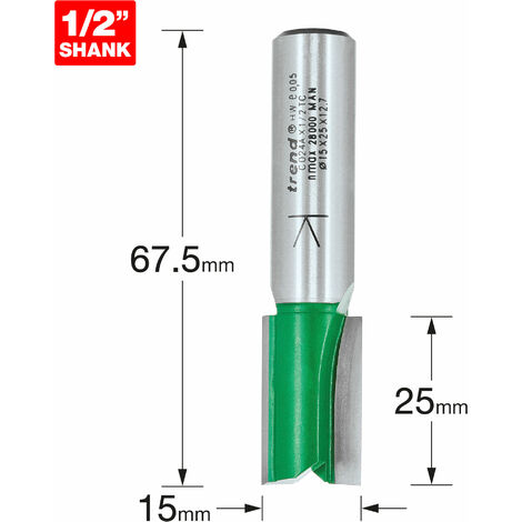 Trend C024AX1/2TC 1/2 Two Flute TCT Cutter 15mm x 25mm Carbide Router Bit