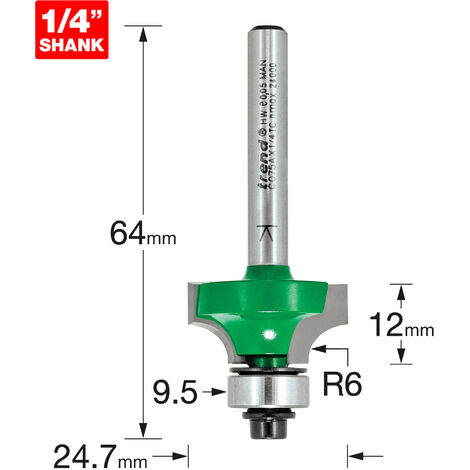 Trend C075AX1/4TC Guided Rounding Over 1/4"" 6mm X 12mm Router Bit Cutter