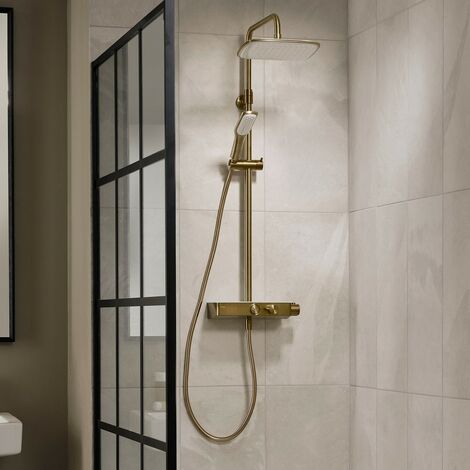 Triton Push Button Thermostatic Bar Mixer Shower Brushed Brass Riser ...