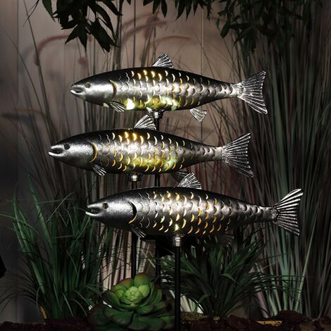 1 x Noma Solar Trout Fish LED Metal Stake Light Silver Pond Garden 9019017