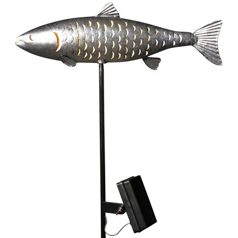1 x Noma Solar Trout Fish LED Metal Stake Light Silver Pond Garden 9019017