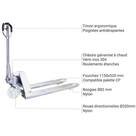 Transpalette manuel galvanisé à fourches 1150x520mm pour sols ...