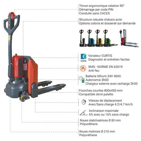 Transpalette électrique court avec fourches 800x450mm - Capacité 1,5 ...