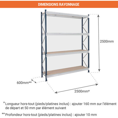 Rayonnage mi lourd 4 niveaux - Module de départ - 2500x2500x600mm ...