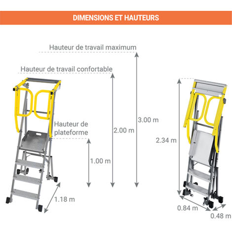 Escabeau roues escamotables 4 marches - Hauteur max. de travail 3.00m ...